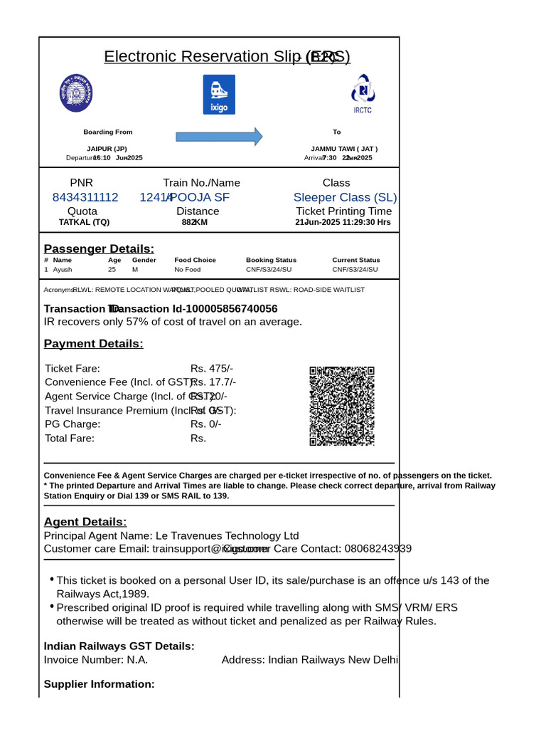 Electronic Reservation Slip (ERS) : Sleeper Class (SL) /pooja SF ...
