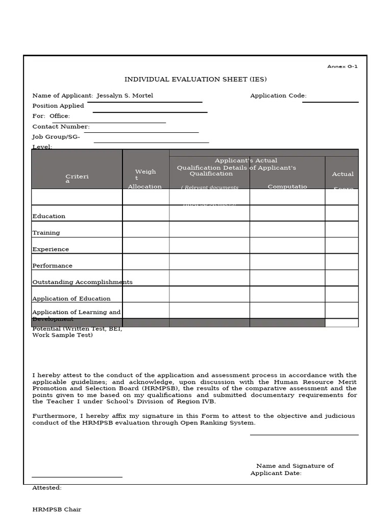 Individual Evaluation Sheet | PDF | Evaluation | Teachers