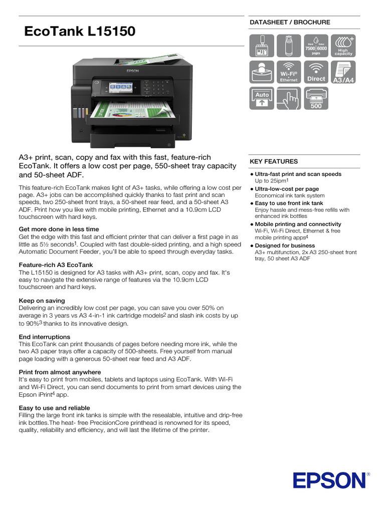 Epson EcoTank L15150 Overview | PDF | Printer (Computing) | Office ...