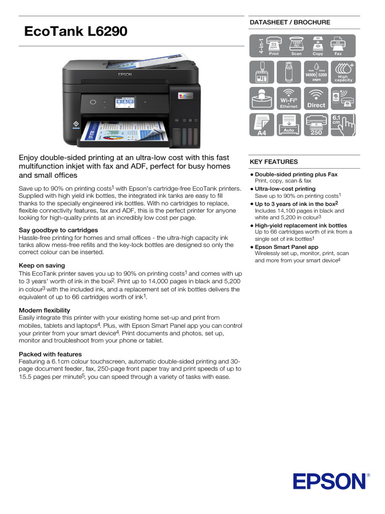 Epson EcoTank L6290 Specifications | PDF | Image Scanner | Printer ...