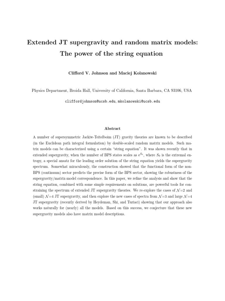 Extended JT Supergravity and Random Matrix Models: The Power of The String Equation | PDF ...