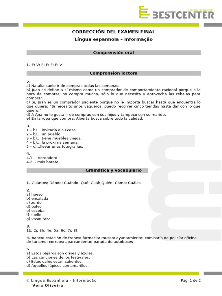 Corrección del Examen Final de Español | PDF