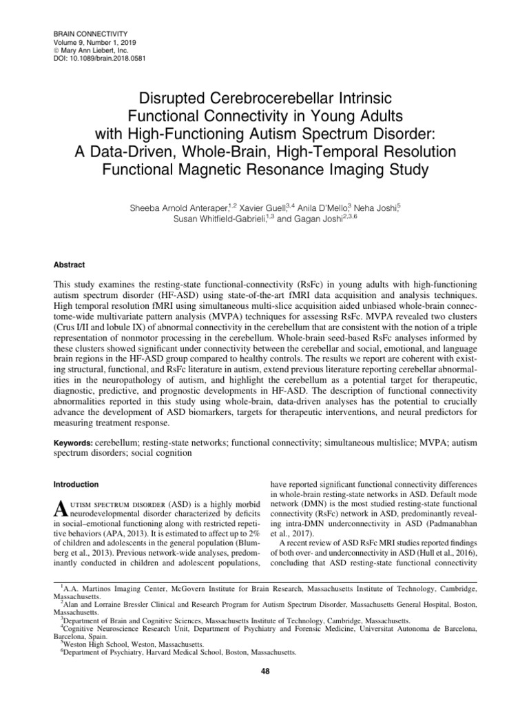 2019 Disrupted Cerebro-cerebellar Functional Connectivity in ASD | PDF ...