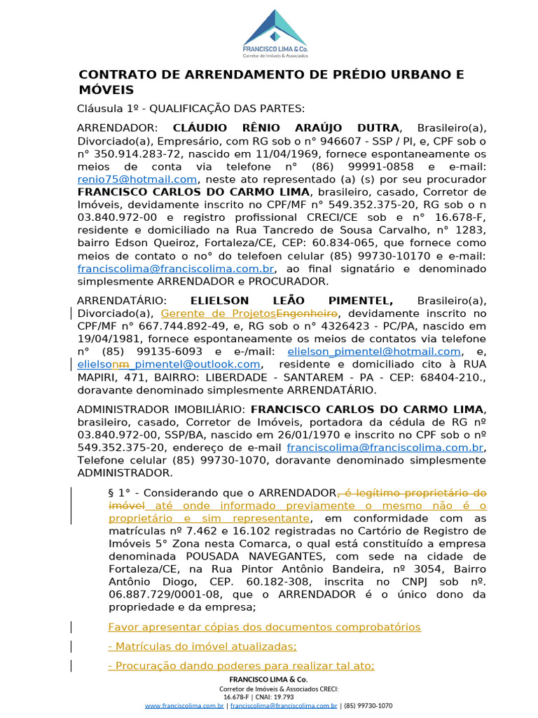 MINUTA DE CONTRATO DE ARRENDAMENTO DE PRÉDIO URBANO E MÓVEIS.31.01.2022 (1) | PDF | Leasing | Seguro