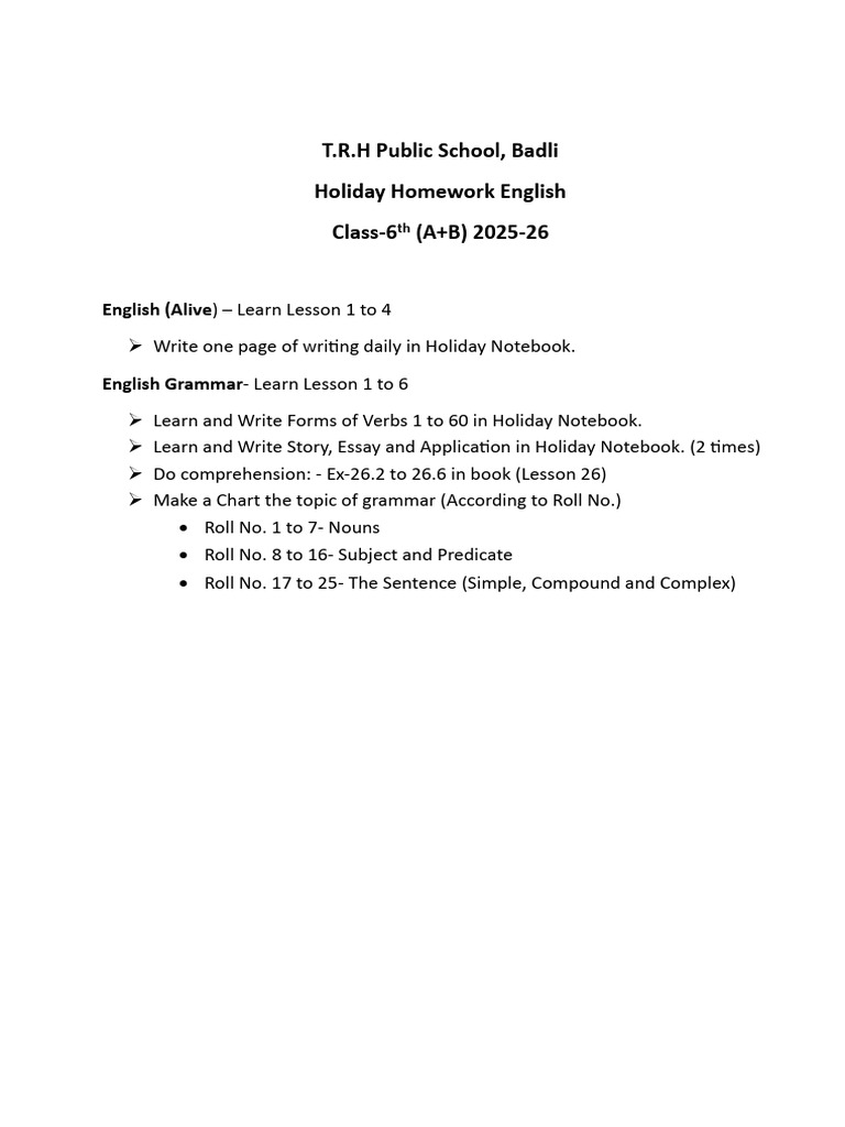 Class 6 English Holiday Homework | PDF