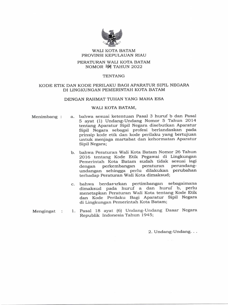 Perwako Kode Etik Dan Kode Perilaku ASN Nomor 194 Tahun 2022 | PDF