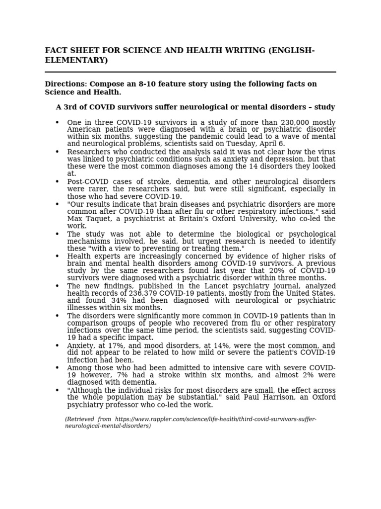 Fact Sheet For Science and Health Writing 1 | PDF | Mental Disorder ...