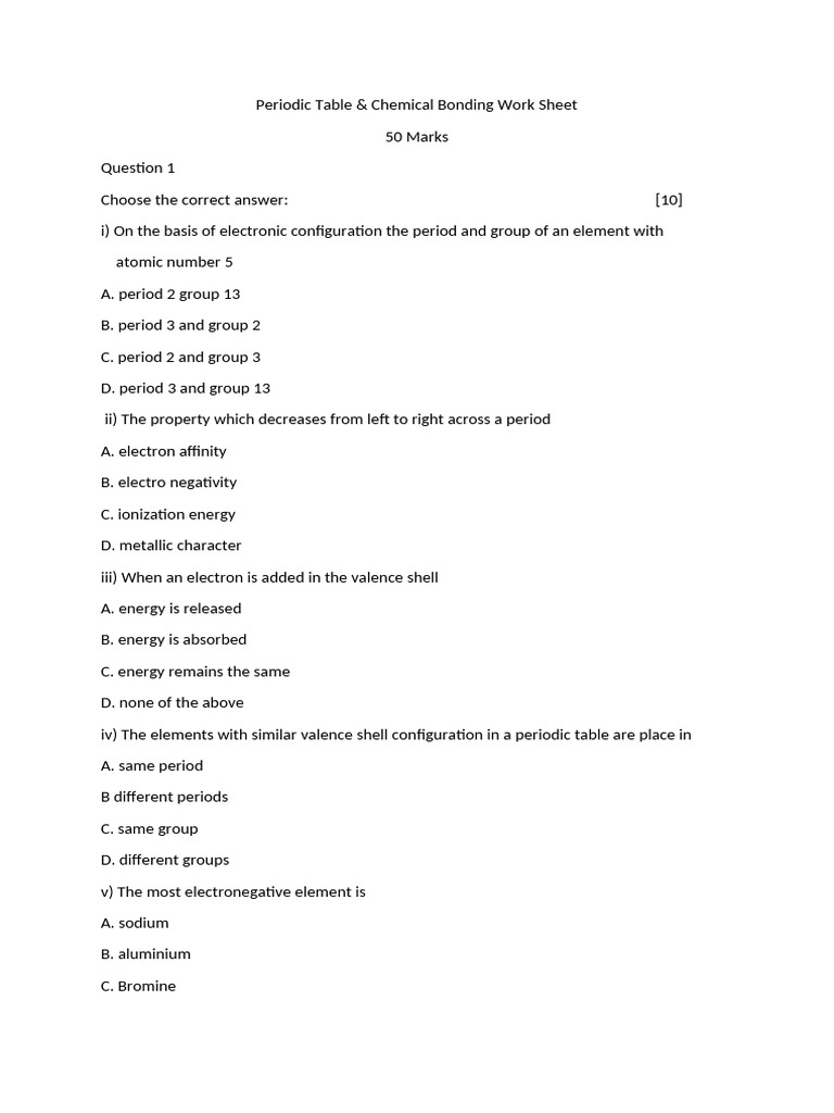 Periodic Table &chemical Bonding Worksheet | PDF | Chemical Compounds | Ion