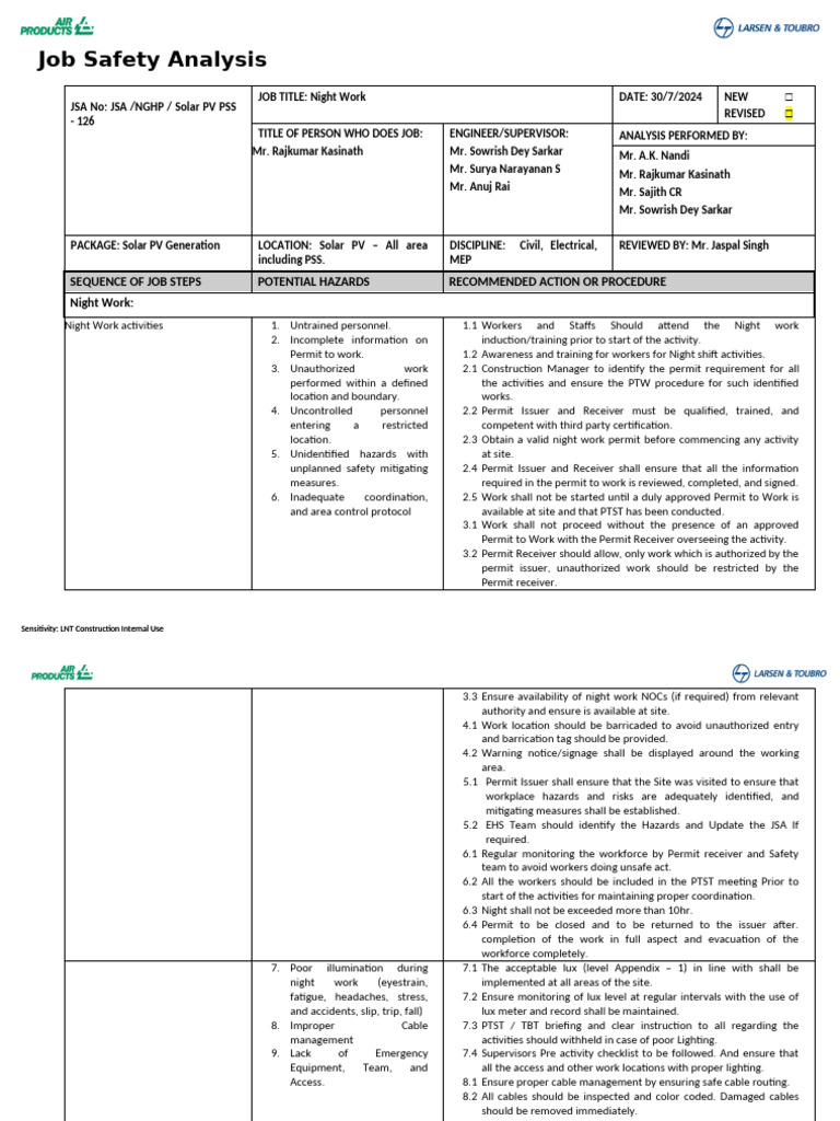 JSA For Night Work | PDF | Hazards | Housekeeping