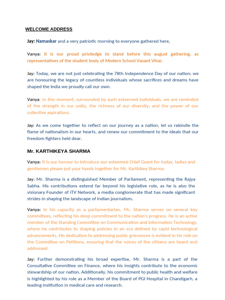 Welcome Address Independence Day | PDF