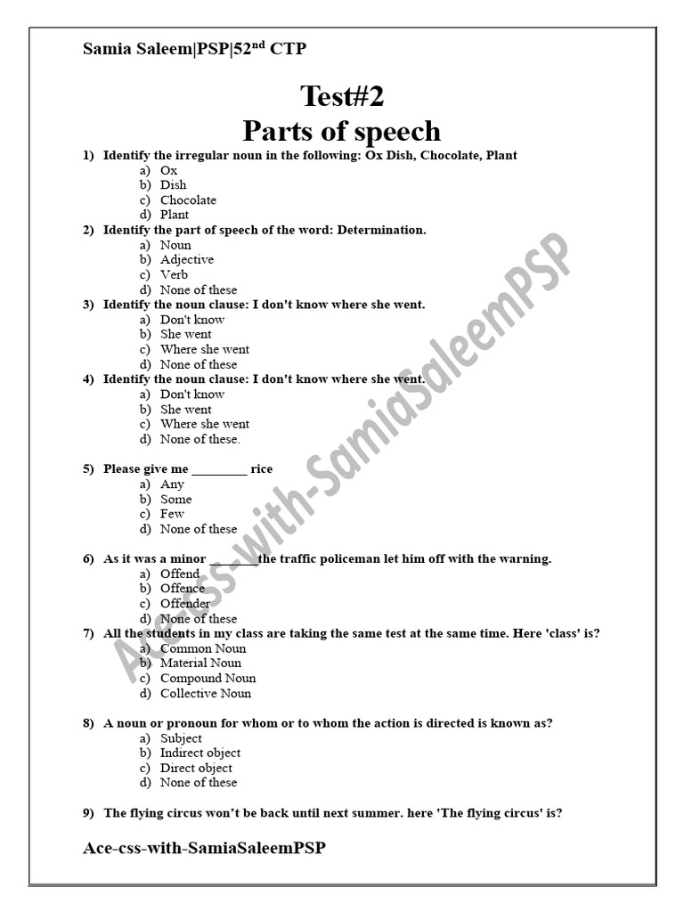 Parts of Speech Quiz with Answers | PDF | Adverb | Part Of Speech