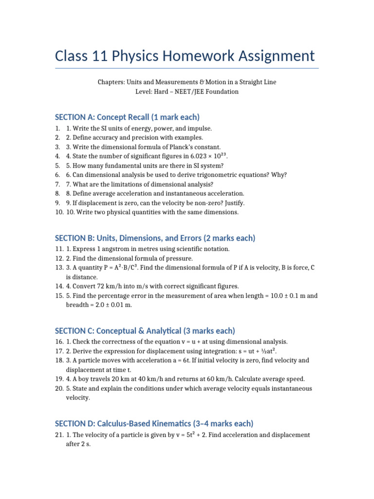 Class 11 Physics Hard Homework Complete | PDF | Acceleration | Velocity