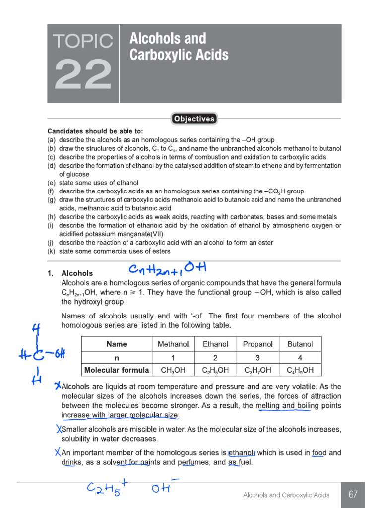 Alcohols and Carboxylic Acids Notes | PDF