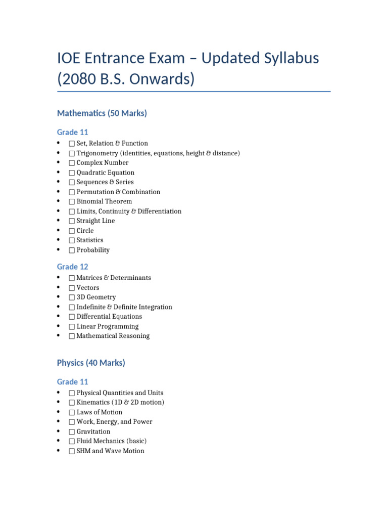 IOE Entrance Exam Syllabus 2080 | PDF