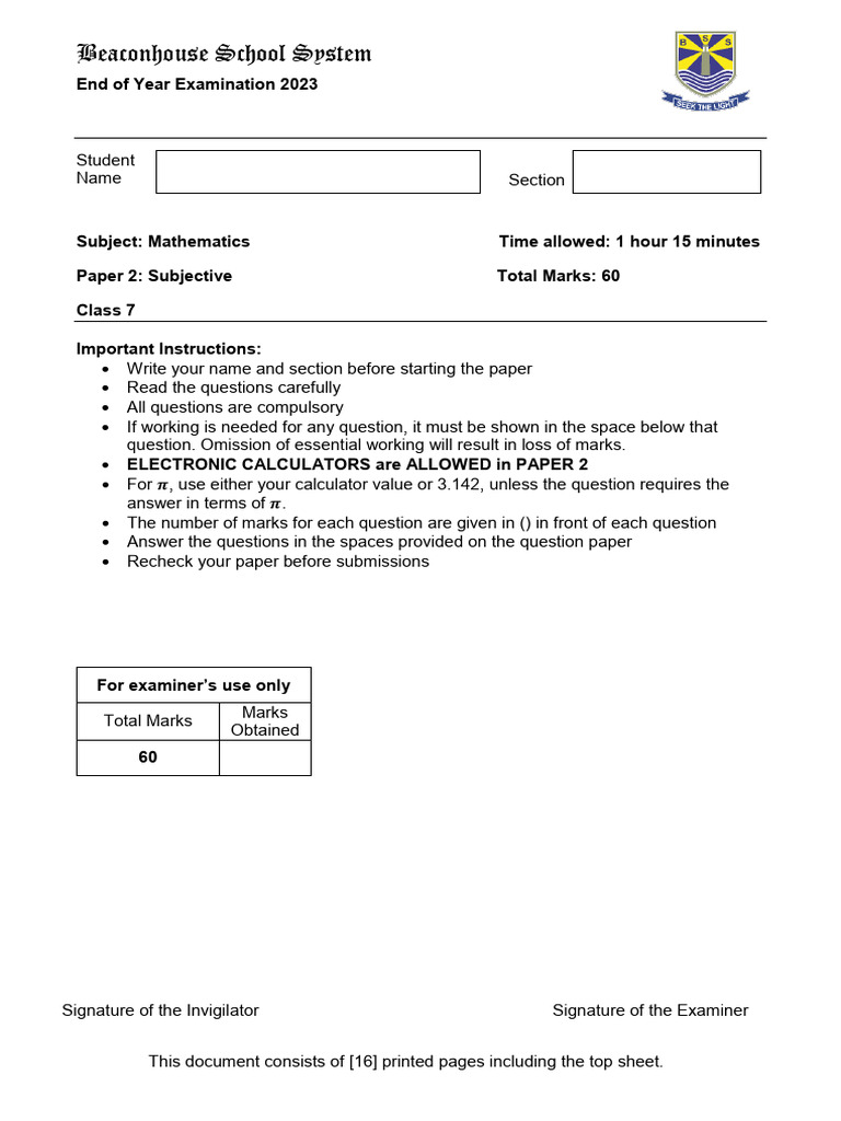 Mathematics - Class 7 EOY - P2 | PDF | Area