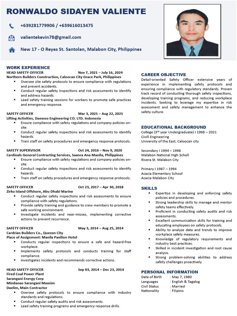 166 Ronwaldo Sidayen Valiente CV | PDF | Occupational Safety And Health | Safety