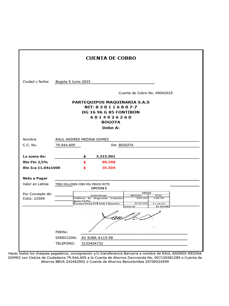 Cta Cobro Partequipos - Nexiq Insite 90 - Junio 9 2025 | PDF