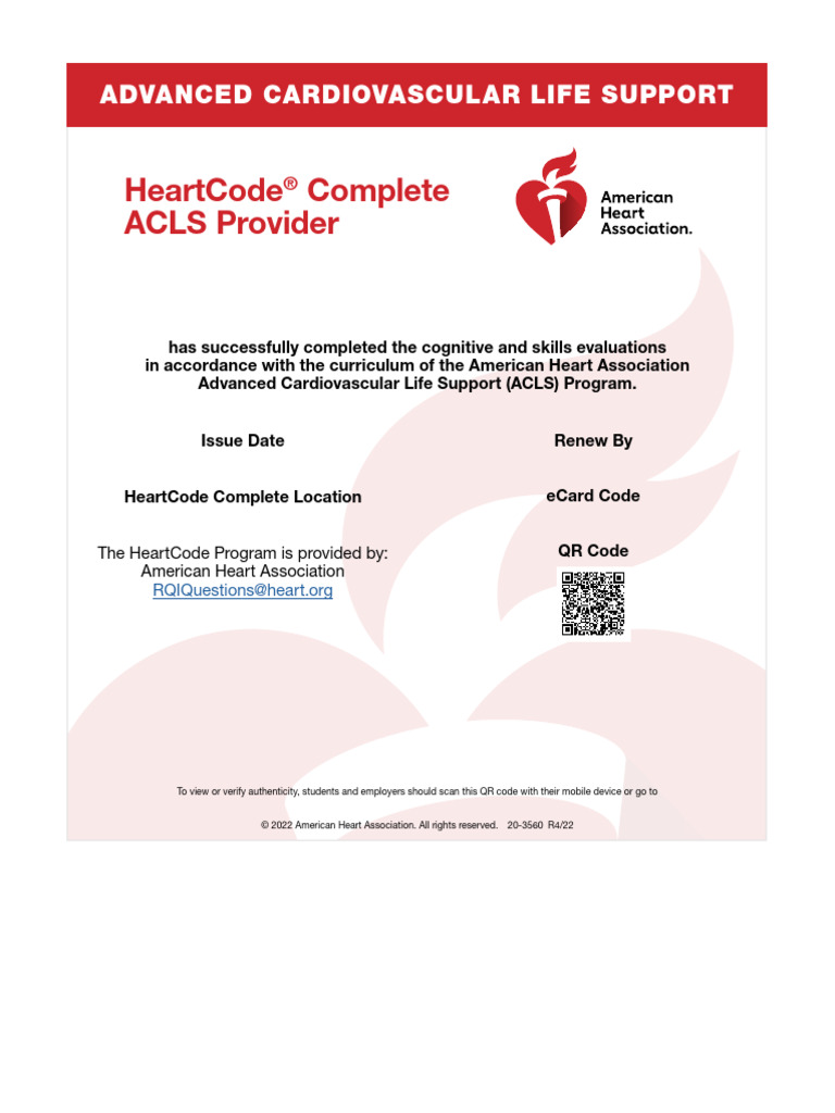 ACLS Certification Completion Document | PDF | Cardiology | Health Care