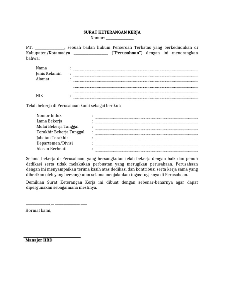 Draf Surat Keterangan Kerja (Karyawan Resign) | PDF