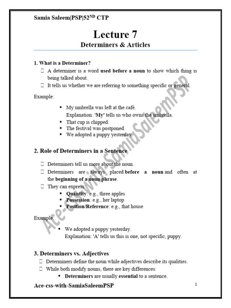 Lec 7 Determiners Lecture With Examples | PDF | Noun | Adjective