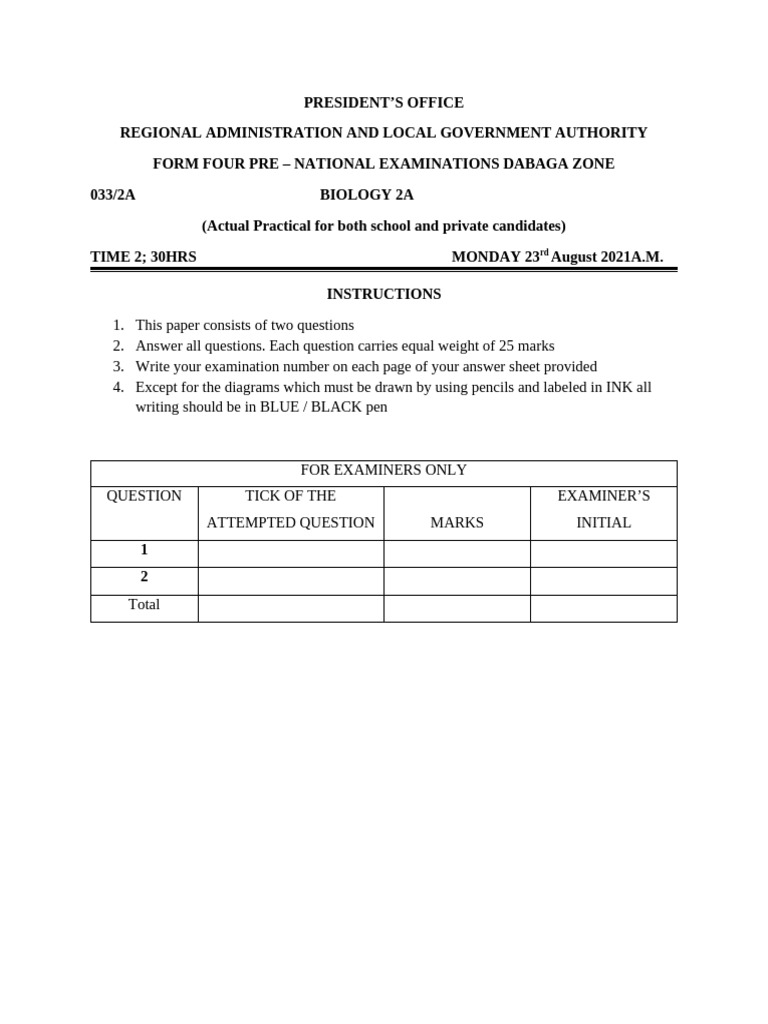 Biology 2a Dabaga 2021 Pre National | PDF