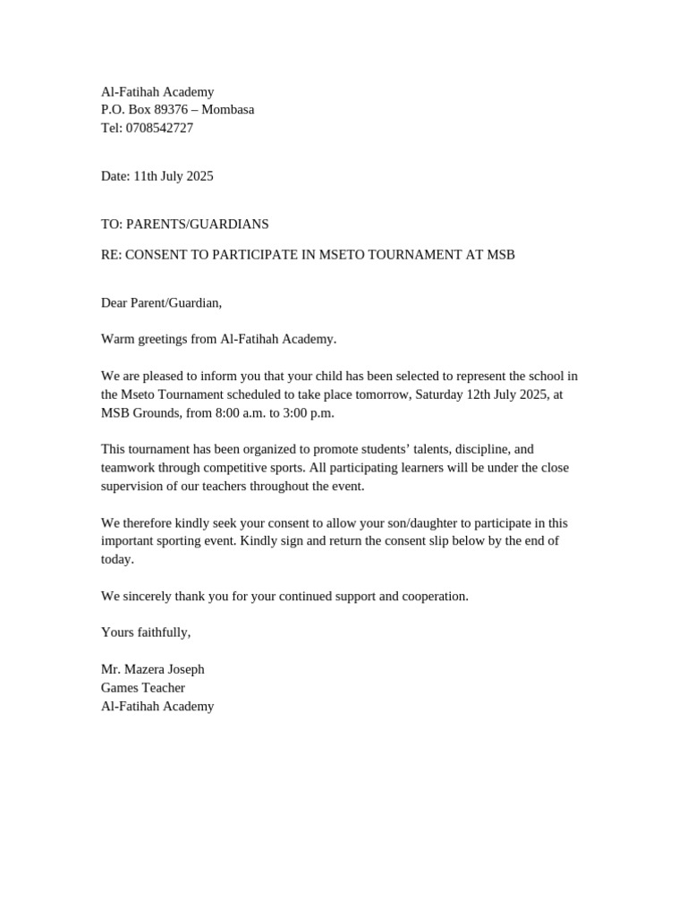 Mseto Tournament Consent Letter | PDF