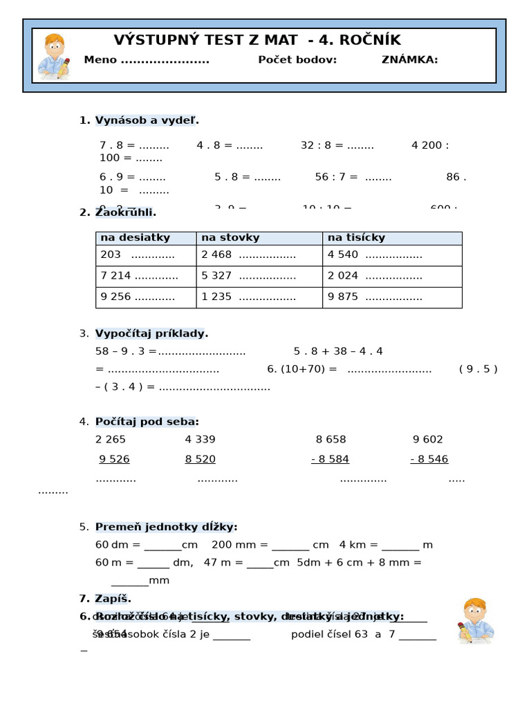 Výstupný Test Z Mat - 4. Ročník | PDF