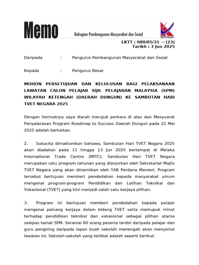 Memo Kelulusan Lawatan TVET Melaka Update 3.6.2025 | PDF