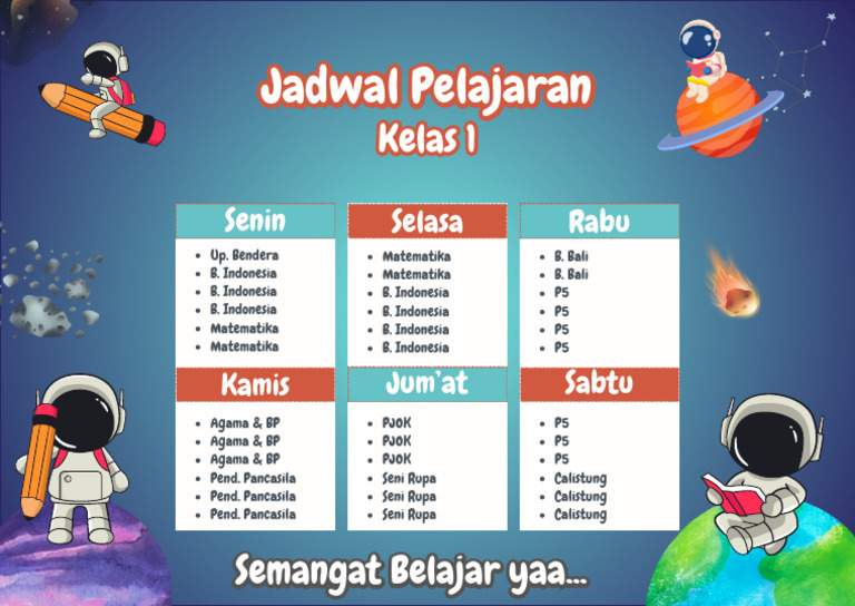 Biru Warna Warni Astronot Jadwal Pelajaran Dokumen A4 | PDF
