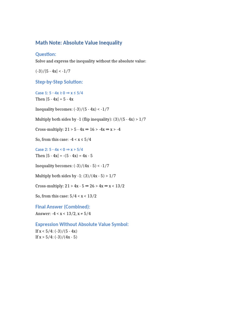 Absolute Value Inequality Note | PDF