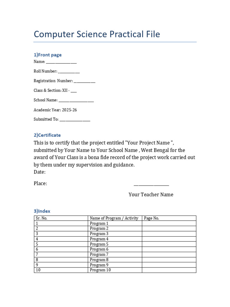 Class 12 CS Practical File 2025 26 | PDF | Computer Programming | Computing