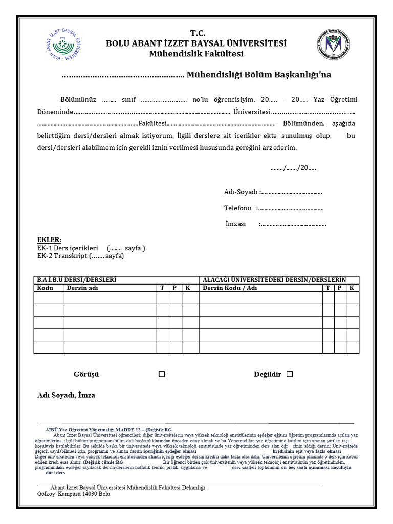 Universite Disindan Yaz Okulundan Ders Alma Dilekcesi | PDF
