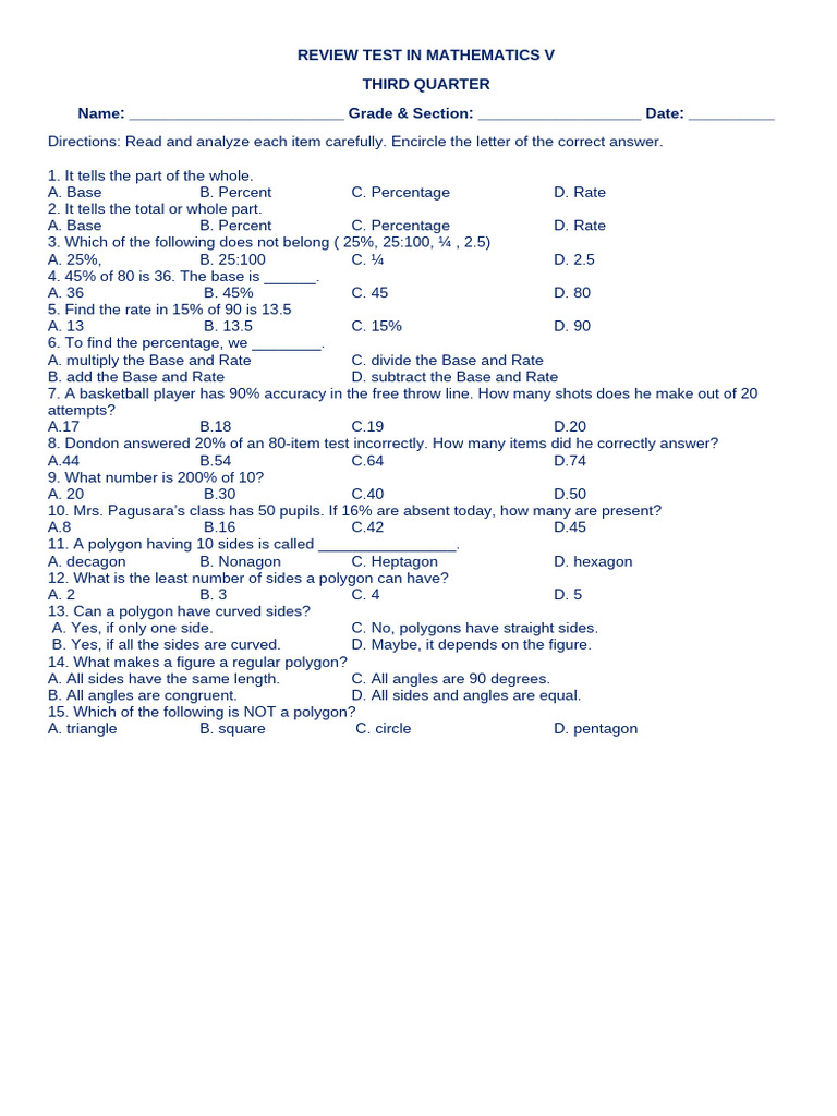 Review Test in Mathematics V | PDF | Triangle | Circle