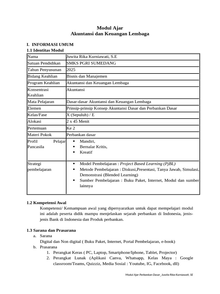 Modul Ajar Juwita Rika - Perbankan Dasar PPG 2025... New | PDF