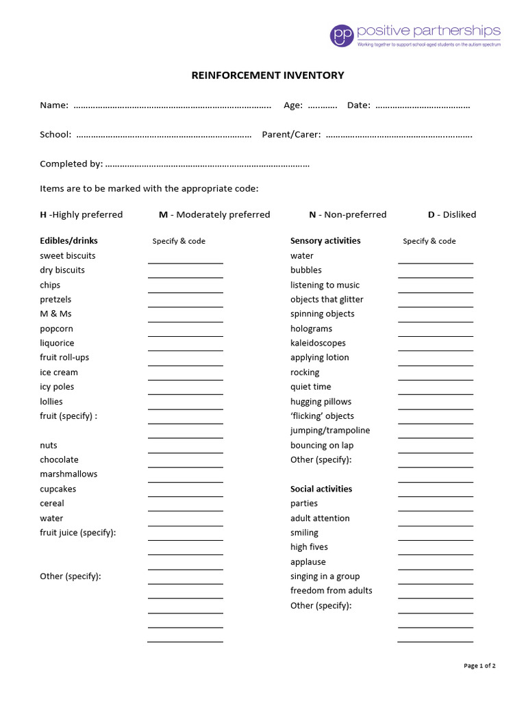 Reinforcement Inventory for Students | PDF