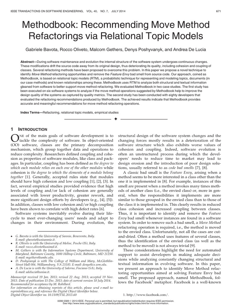 6.move Method Refactoring - TSE-2014 | PDF | Software Engineering