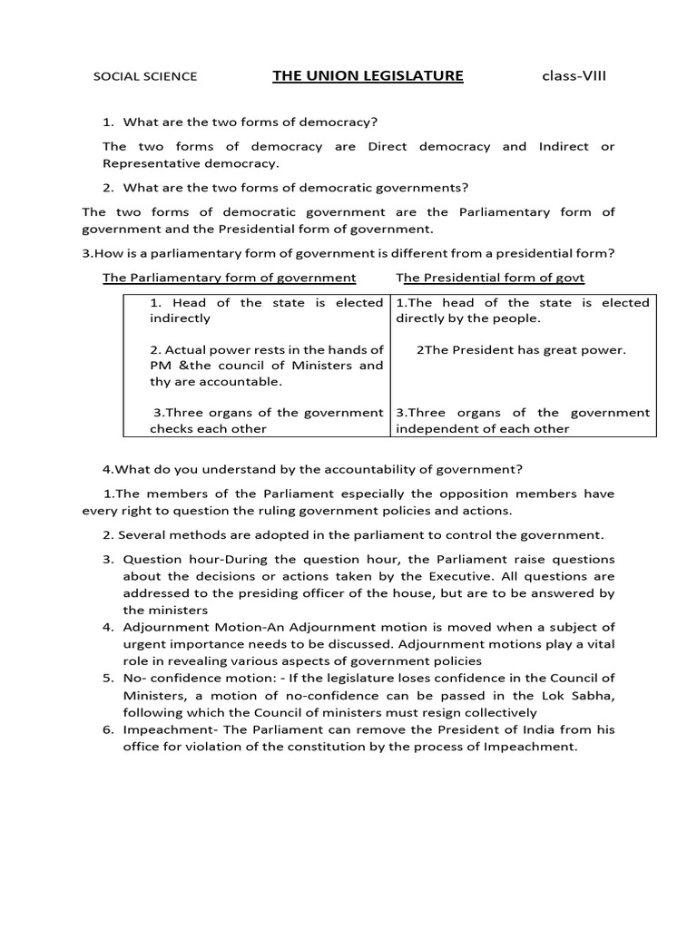 The Union Legislature Notes - 8 | PDF