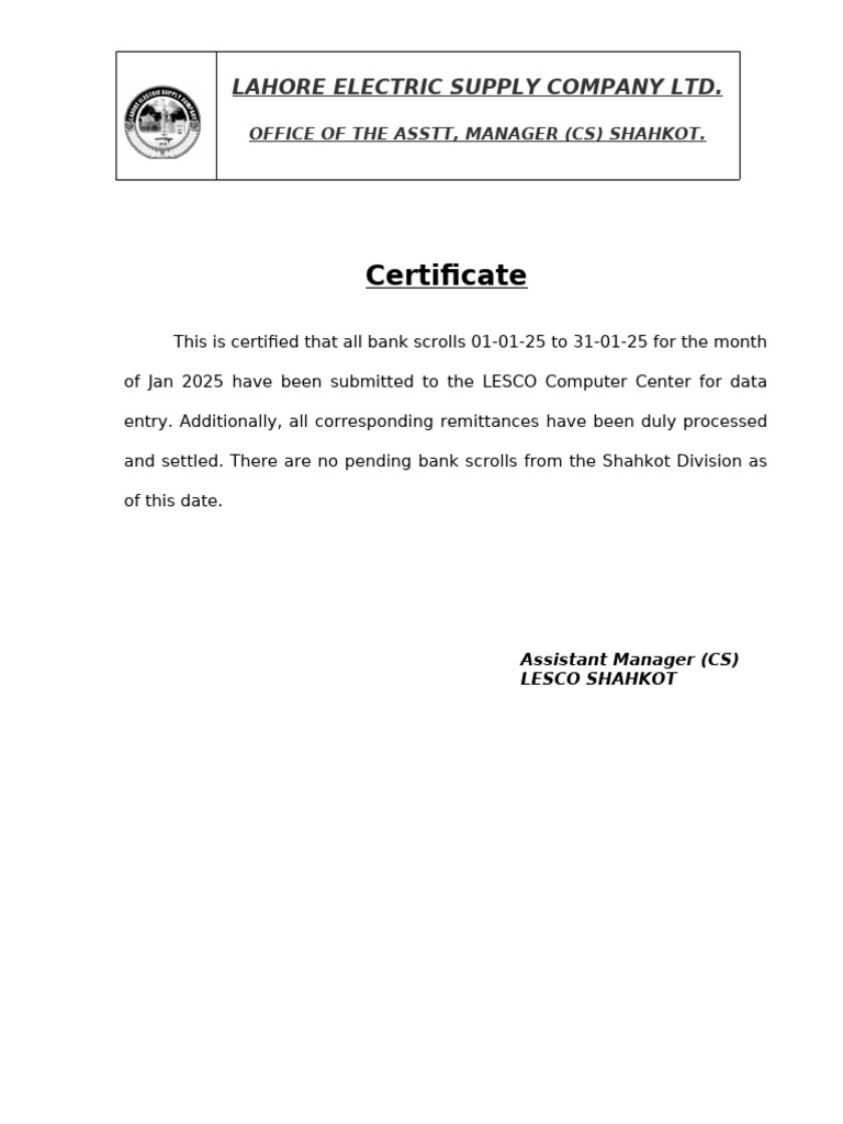 Certificate No Pending Cash | PDF
