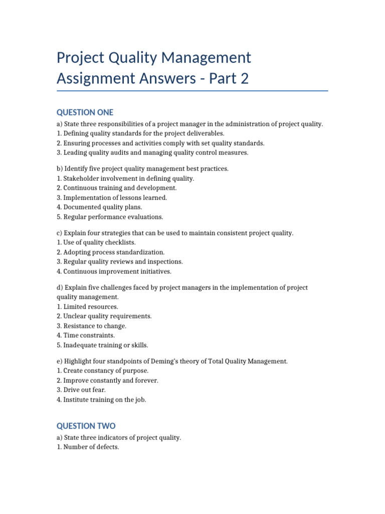 Project Quality Management Assignment Answers Part 2 | PDF | Quality ...