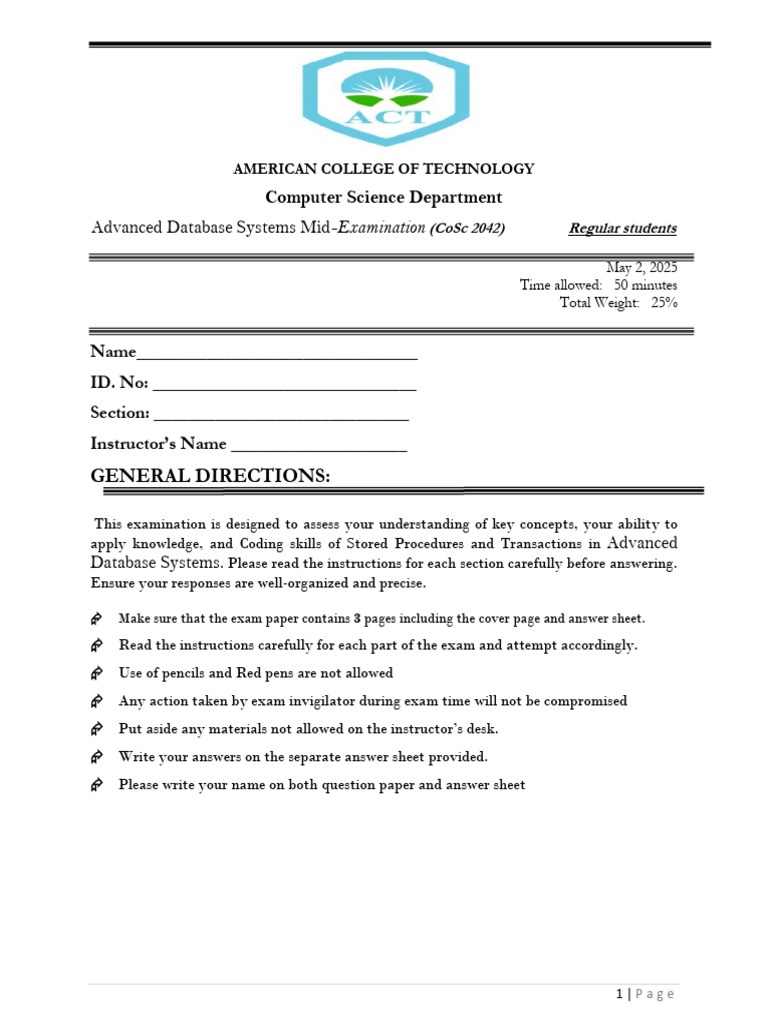 Mid Exam Advanced Database Systems Key | PDF | Relational Database | Databases