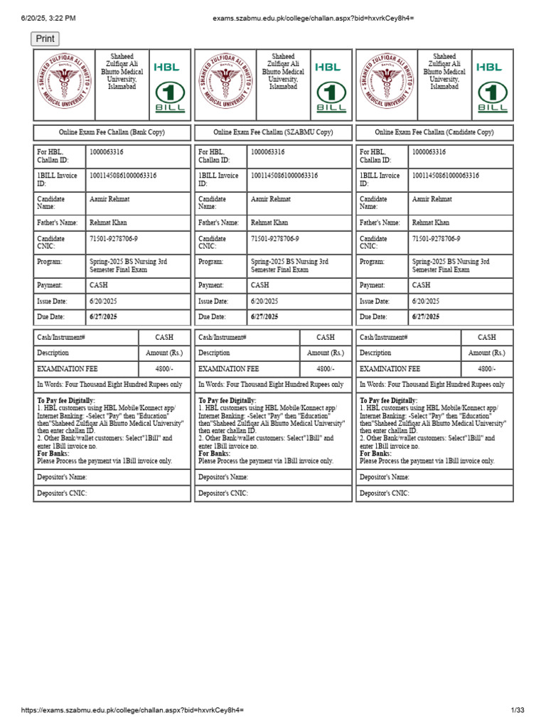 BSN III Exam Fee Challan Spring 2025 | PDF | Cash | Banks