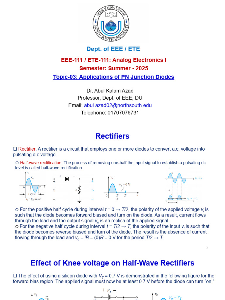 EEE111: Analog Electronics 1, Lecture 3: Applications of Diodes | PDF | Rectifier | Diode