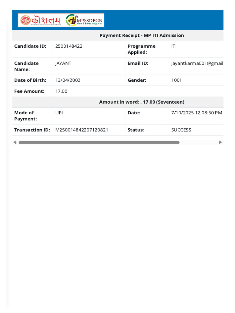 Payment Receipt - MP ITI Admission Candidate ID: Programme Applied ...