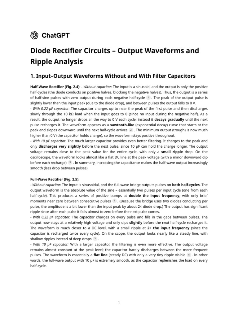 Diode Rectifier Circuits - Output Waveforms and Ripple Analysis | PDF ...