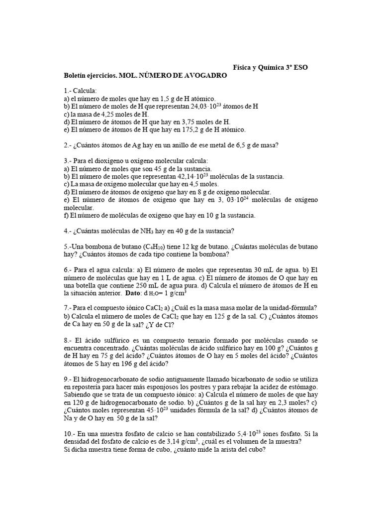 Ejercicios de Moles y Avogadro 3º ESO | PDF | Mole (Unidad) | Ácido