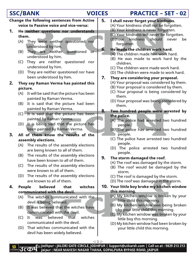 Active and Passive Voice Practice Set | PDF