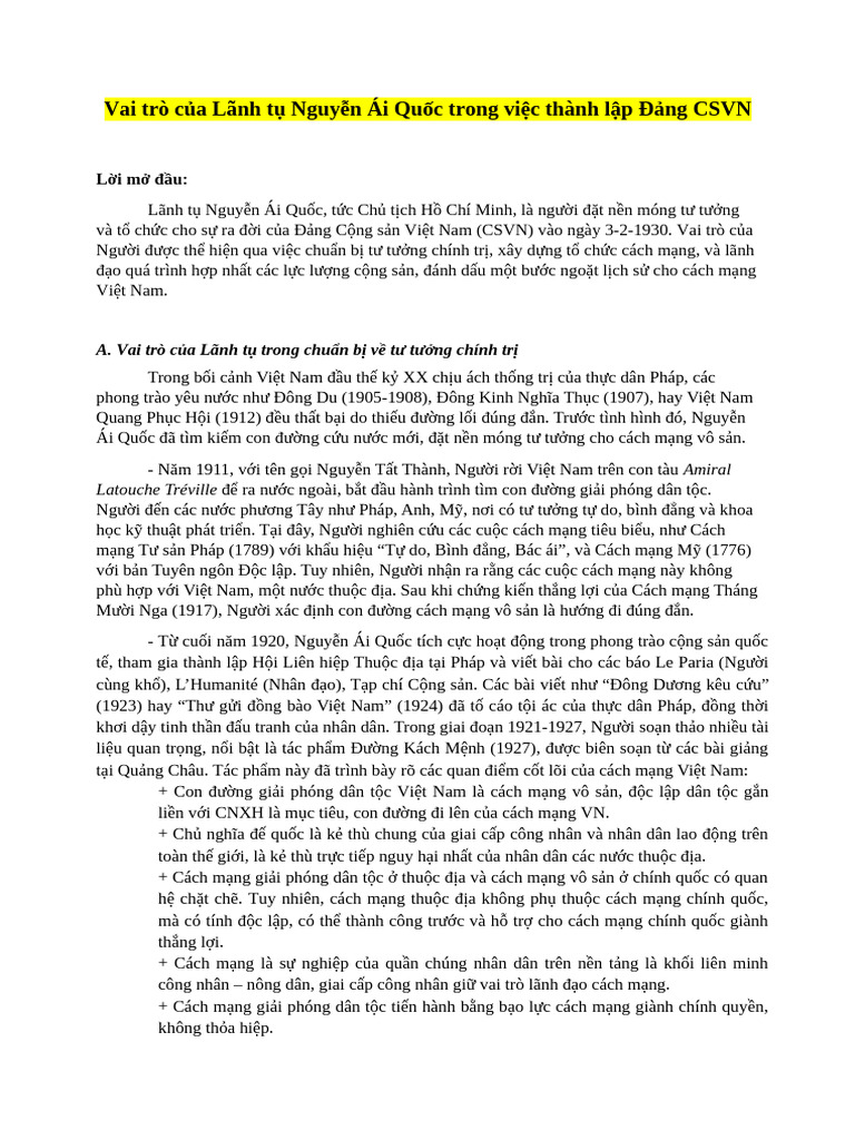 Vai Trò Của Lãnh Tụ Nguyễn Ái Quốc Trong Việc Thành Lập Đảng CSVN | PDF