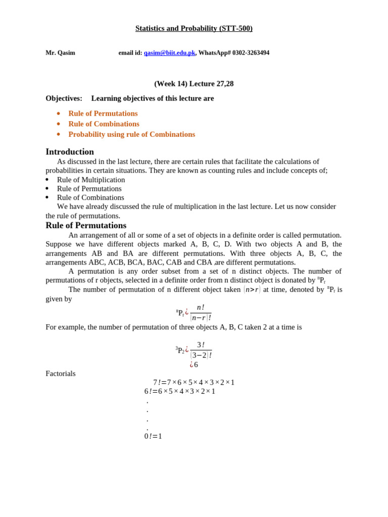 STT-WK-14-Rule of Permutation and Combination | PDF | Permutation | Sampling (Statistics)