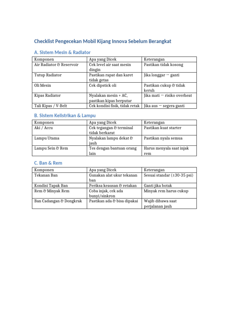 Checklist Cek Mobil Kijang Innova | PDF