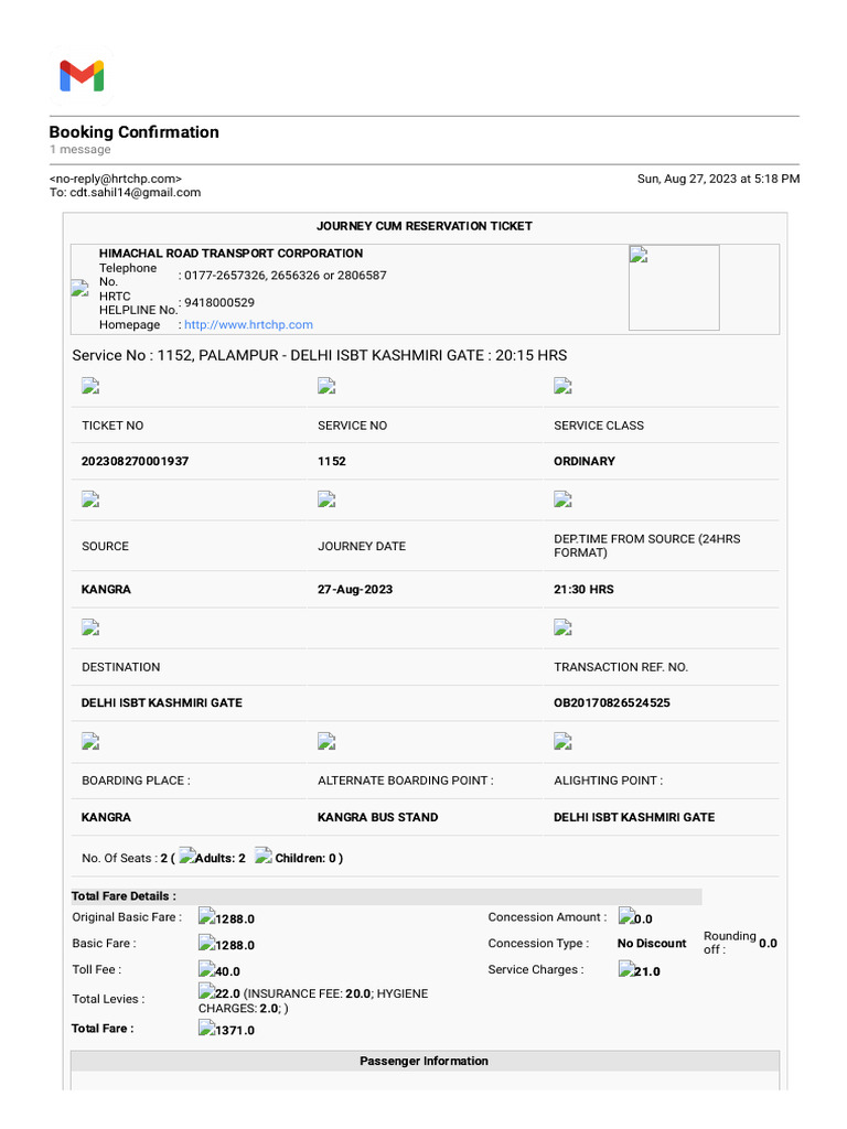 Gmail - Booking Confirmation | PDF | Fare | Bus